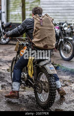 Off Road Motorcyclist Riding Dirt Bike Through Forest Trail. High ...