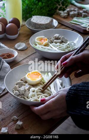 Ingredients for preparing Chinese soup on color background Stock Photo ...