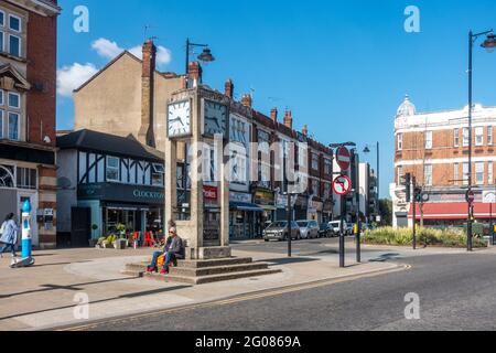 The clock tower on Hanwell Broadway in the centre of Hanwell town in ...