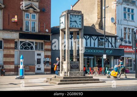 The clock tower on Hanwell Broadway in the centre of Hanwell town in ...