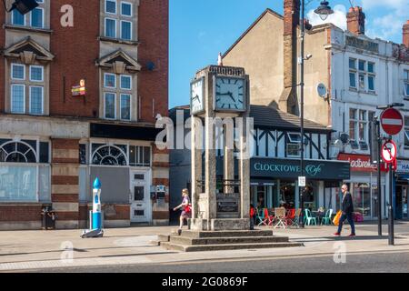 The clock tower on Hanwell Broadway in the centre of Hanwell town in ...