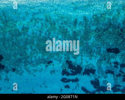 Directly above crystal clear water, coral reef and beach Petani ...