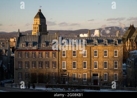 Old Walled city of Quebec in Canada. Streets are narrow and there are ...