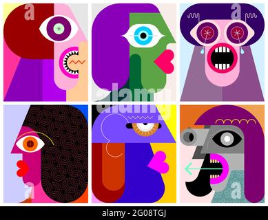 Six People Portraits modern art vector illustration. Six different ...