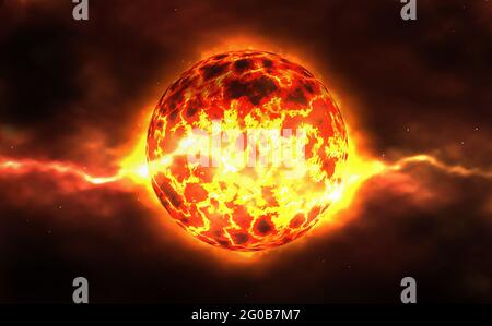 a burning fireball planet with a blazing hot surface in outer space, 3d ...