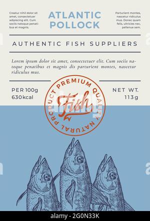 Fish package label. Fresh fishes packaging branding cards, natural food ...