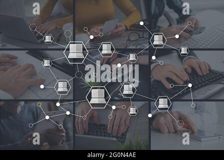 Devices connection concept illustrated by pictures on background Stock ...