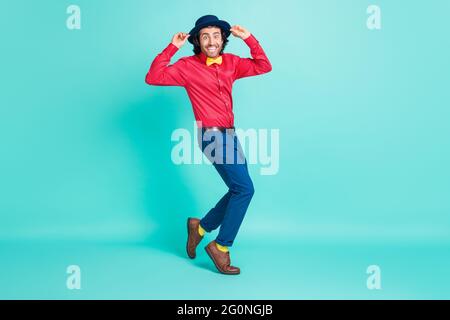 Photo of funky attractive young gentleman wear green sweatshirt smiling ...