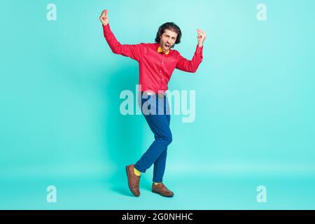 Photo of funky attractive young gentleman wear green sweatshirt smiling ...