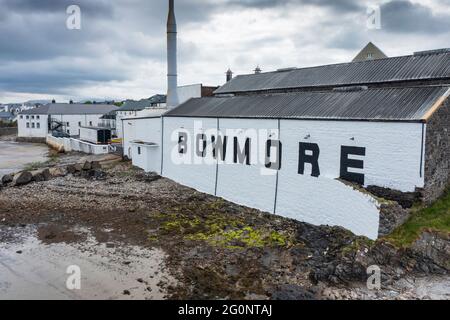 Aerial view from drone of Bowmore scotch whisky distillery in Bowmore ...