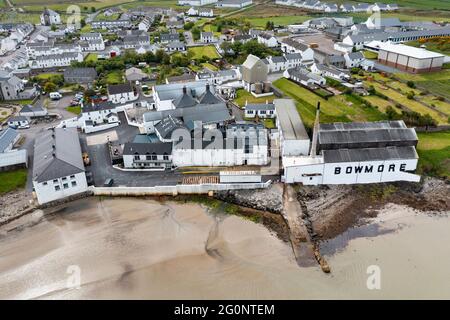 Aerial view from drone of Bowmore scotch whisky distillery in Bowmore ...
