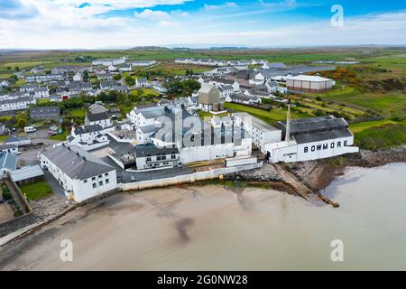 Aerial view from drone of Bowmore scotch whisky distillery in Bowmore ...