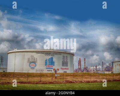 Storage Tanks at Oil Refinery with Houston Texas, USA Skyline in ...