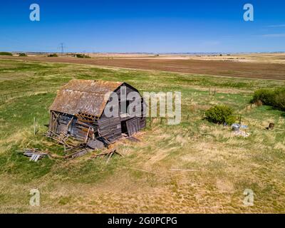 An aerial view of an old barn that was built in the early 1900's by the ...