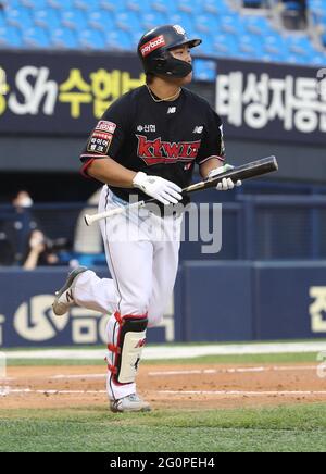 03rd June, 2021. KT Wiz's Kang Baek-ho Kang Baek-ho of the KT Wiz hits ...