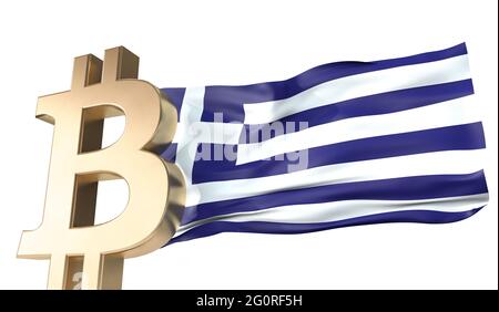 Gold bitcoin cryptocurrency with a waving Greece flag. 3D Rendering ...