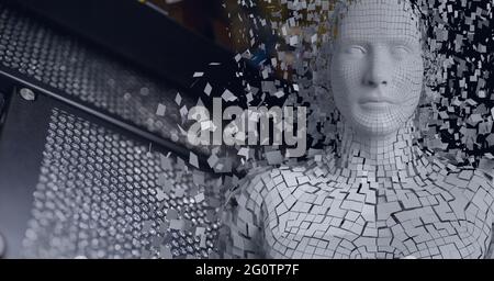 Composition of exploding human bust formed with binary coding and green ...