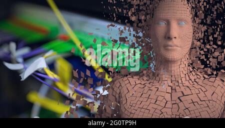 Composition of exploding human bust formed with binary coding over globe Stock Photo - Alamy