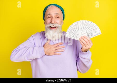 Photo of pretty impressed mature man dressed yellow shirt glasses ...