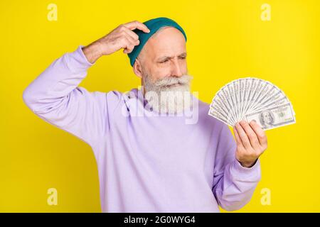 Photo of sweet thoughtful age gentleman wear jeans shirt smiling arm ...