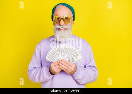 Photo of pretty funky mature man dressed purple pullover headwear ...
