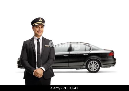Young professional chauffeur in a uniform isolated on white background ...