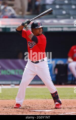 Cleveland Indians' Jose Ramirez bats against the New York Yankees in a ...