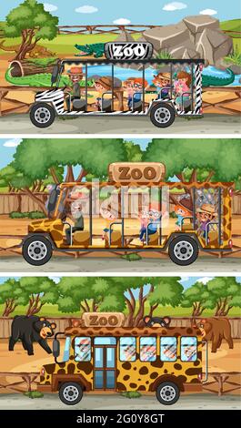 Set of different safari horizontal scenes with animals and kids cartoon ...