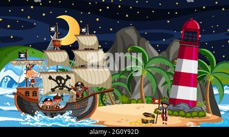 Island with Pirate ship at night scene in cartoon style illustration ...