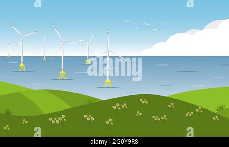 Seascape with offshore wind generators. Offshore wind farm. Sea wind ...