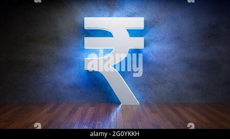 Symbol of Indian rupee glowing in empty concrete room as currency sign ...