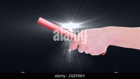 Composition of caucasian male runner holding baton on black background ...