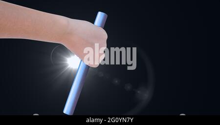 Composition of caucasian male runner holding baton on black background ...