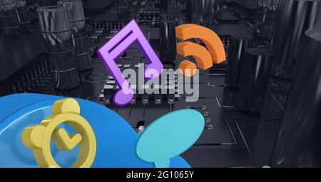 Composition of digital icons over computer processor circuit board ...
