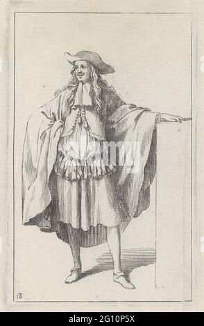 Man by wall, dressed in a Rhingrave costume and wide cloak, c. 1685 ...