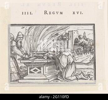 Gentile sacrifice from King Ahaz. King Ahaz kneels at a burning altar ...