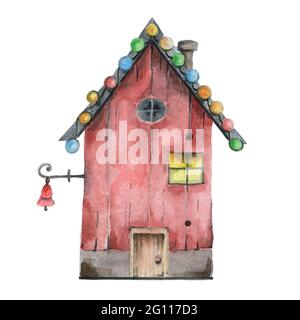 Cute watercolor Christmas house isolated illustration in soft pastel ...