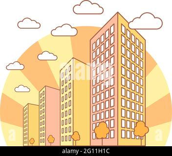 Tenement house and tree vector icon. Flat illustration. Building symbol ...