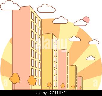 Tenement house and tree vector icon. Flat illustration. Building symbol ...