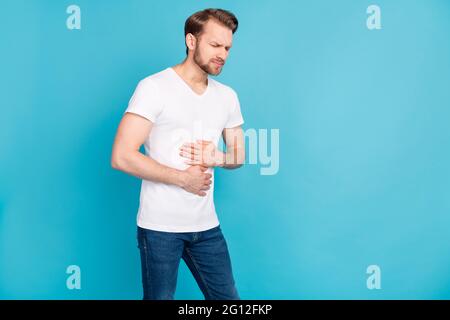 Photo of unsatisfied young person arms cover nose closed eyes bad mood ...