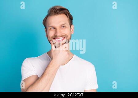 Portrait of creative minded person beaming smile look interested empty ...