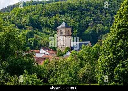 The tower of the medieval church of Creuzburg in Thuringia Stock Photo ...