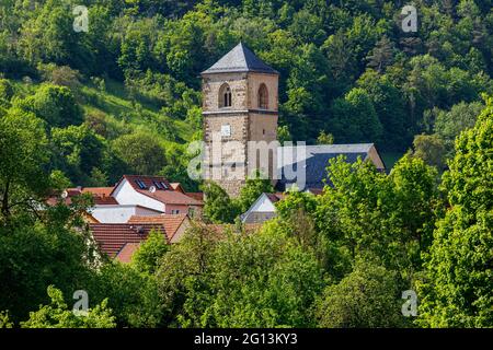 The tower of the medieval church of Creuzburg in Thuringia Stock Photo ...