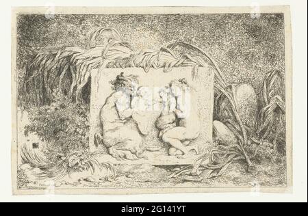 A bas-relief, standing on the ground between plants, with an image of a ...
