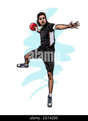 Abstract handball player jumping with the ball from splash of ...