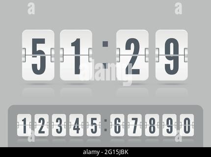 White scoreboard number floating font with reflections on light background. Analog airport board ...
