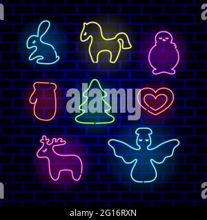 Xmas decoration neon sign set. Star, New Year cap, calendar. Night ...