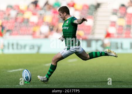Paddy Jackson of London Irish kicks the ball during the Gallagher ...