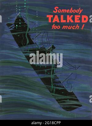 A vintage WW2 Allied poster raising awareness of careless talk costs ...