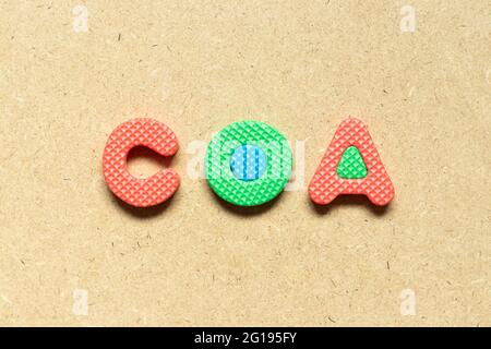 Alphabet letter in word COA (abbreviation of certificate of analysis ...